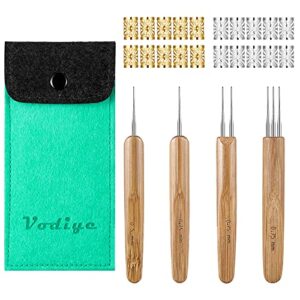 vodiye dreadlock crochet hook for hair, 0.5mm 0.75mm steel locs crochet needle for hair, professional dreadlock crochet needle with bamboo handle, dreadlocks beads mixed golden silver for braid craft