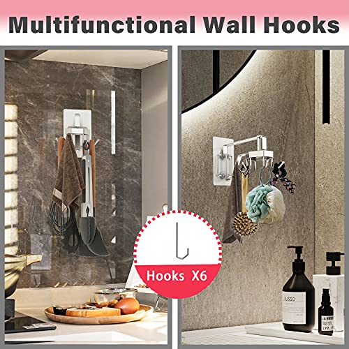 BDS-DELWINS Wall Mounted 360 Degree Rotating Hook,Self Adhesive 360 Degree Wall Hook,304 Stainless Steel Waterproof Hooks Heavy Duty,Utensil Hanger Hook for Bathroom,Utility Hook with 6 Hooks(Silver)