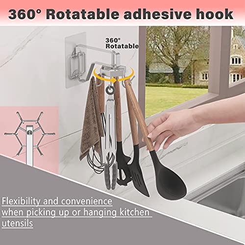 BDS-DELWINS Wall Mounted 360 Degree Rotating Hook,Self Adhesive 360 Degree Wall Hook,304 Stainless Steel Waterproof Hooks Heavy Duty,Utensil Hanger Hook for Bathroom,Utility Hook with 6 Hooks(Silver)