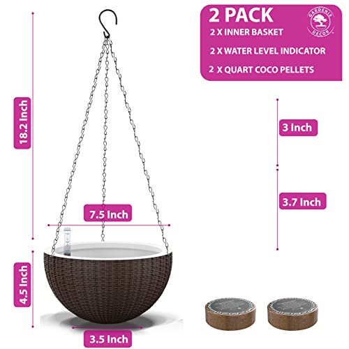 GARDENIX DECOR 7.5'' Self Watering Hanging planters for Indoor Plants - Flower Pot with Water Level Indicator for Plants, Hanging pots - Self Watering Planter Plant Pot- Coco Coir - 2 Pack (Brown)