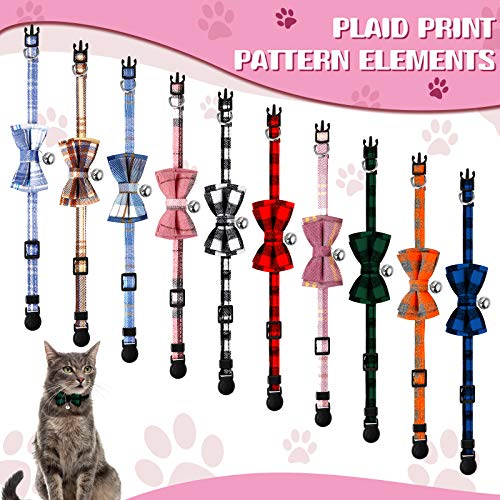 Weewooday 10 Pieces Breakaway Cat Collar with Bow Tie and Bell, Kitten Collar for Cat, Adjustable Cute Plaid Kitty Safety Collars for Graduation Wedding Birthday Pet Party