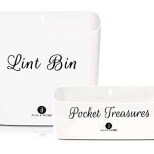 Lint Holder Bin with Magnetic Strip and Pocket Treasures Bin Magnetic Coin Holder (2 Piece Set) for Laundry Room Organization or Laundry Room Décor by A.J.A. & MORE (Off-White)