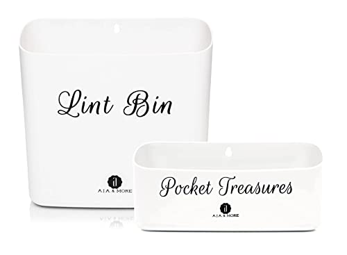 Lint Holder Bin with Magnetic Strip and Pocket Treasures Bin Magnetic Coin Holder (2 Piece Set) for Laundry Room Organization or Laundry Room Décor by A.J.A. & MORE (Off-White)