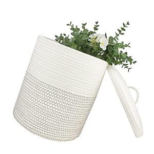 yimi's dream woven basket with lid, decorative rope storage baskets for organizing, medium baskets for baby, kids, toys, blanket, woven baskets for storage (white & blacksuture, 12d x 13.5h inch)