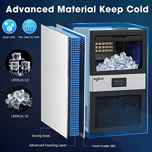 Commercial Ice Maker Machine, OYLUS 70 lbs/24H Stainless Steel Ice Cube Machine with 10 lbs Bin Ice Storage Capacity Easy Control Under Counter Free Standing for Home, Bar and Offices 120V