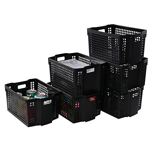 Gloreen 6-Pack Plastic Stackable Baskets, Black, Stacking Storage Bins