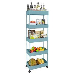 generic 5-tier slide out storage cart mobile slim rolling trolley on wheels space-saving shelf for narrow gap, kitchen, bathroom (blue)