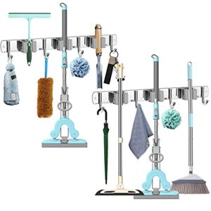 2 pack mop and broom holder, broom holder wall mount, broom organizer wall mount, stainless steel broom holder with 3 racks and 4 hooks, mop holder for home kitchen office garden garage