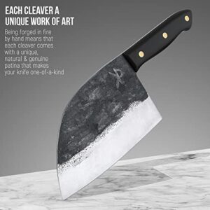 Kitchen perfection Meat Cleaver Kitchen Knife -Professional 7" Serbian Chef Knife –HandForged in Fire, High-Carbon Steel– Razor Sharp Cleaver Knife Chopping Knife w/Canvas Sheath,Unique Patina Looks