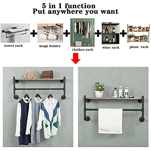 Clothes Rack with Shelf, 36in Industrial Pipe Wall Mounted Garment Rack, Space-Saving Display Hanging Pipe Clothes Rack, Heavy Duty Detachable Multi-Purpose Hanging Rod for Closet Storage(1-Layer)