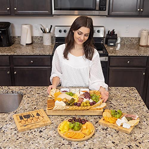 XcE Bamboo Cheese Board and Charcuterie Board with Knife Set, 16 x 13 x 1.5 inch, Include Extra Round Fruit Plate - Gift for Men, Women, Mother, Housewarming