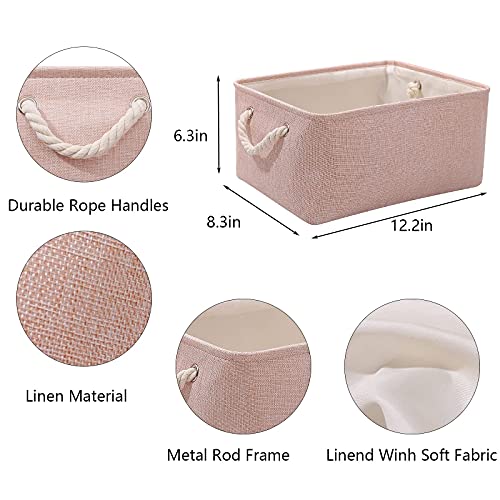 LordCom Storage Bins with Sturdy Cotton Handles(1 Pack) , Fabric Storage Baskets for Organizing use for Office & Home, Book, Clothes, Toys, Closet Boxes (Small, Pink, 12.2x8.3x6.3 inches)