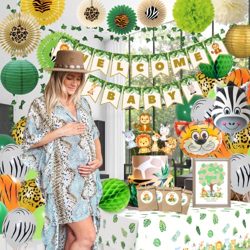 Premium Safari Baby Shower Decorations for Boy Jungle Theme Baby Shower Decor - Banner, Animal Cutouts, Balloons, Paper Decorations, Guest Book, Leaves, Games, Sash - Jungle Baby Shower Decorations