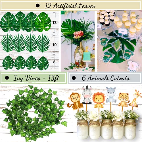 Premium Safari Baby Shower Decorations for Boy Jungle Theme Baby Shower Decor - Banner, Animal Cutouts, Balloons, Paper Decorations, Guest Book, Leaves, Games, Sash - Jungle Baby Shower Decorations