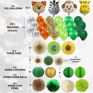 Premium Safari Baby Shower Decorations for Boy Jungle Theme Baby Shower Decor - Banner, Animal Cutouts, Balloons, Paper Decorations, Guest Book, Leaves, Games, Sash - Jungle Baby Shower Decorations