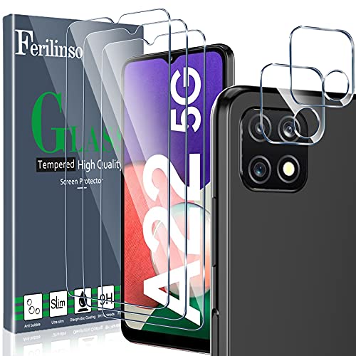 Ferilinso Designed for Samsung Galaxy A22 5G Screen Protector, 3 Pack HD Tempered Glass with 2 Pack Camera Lens Protector [9H Hardness] [Case Friendly] [Anti-Fingerprint] [Easy Installation]