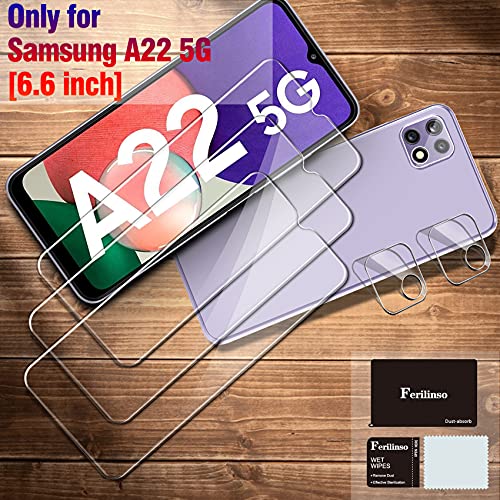 Ferilinso Designed for Samsung Galaxy A22 5G Screen Protector, 3 Pack HD Tempered Glass with 2 Pack Camera Lens Protector [9H Hardness] [Case Friendly] [Anti-Fingerprint] [Easy Installation]