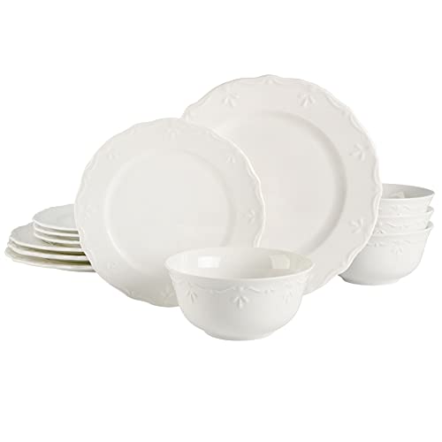 Gibson Home Round Embossed Dinnerware Set, Service for 4 (12pcs), White