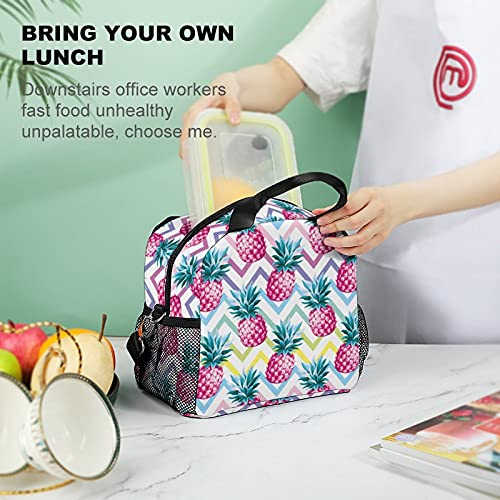 Reusable Insulated Lunch Bag with Adjustable Shoulder Strap, Leakproof Cooler Lunch Box Meal Prep Organizer Tote Bag Freezable for Women & Men, Office Work Outdoor (Pink Pineapple)