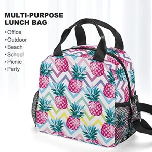 Reusable Insulated Lunch Bag with Adjustable Shoulder Strap, Leakproof Cooler Lunch Box Meal Prep Organizer Tote Bag Freezable for Women & Men, Office Work Outdoor (Pink Pineapple)