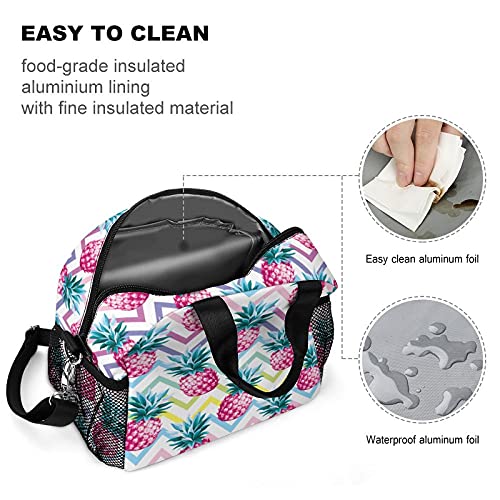 Reusable Insulated Lunch Bag with Adjustable Shoulder Strap, Leakproof Cooler Lunch Box Meal Prep Organizer Tote Bag Freezable for Women & Men, Office Work Outdoor (Pink Pineapple)