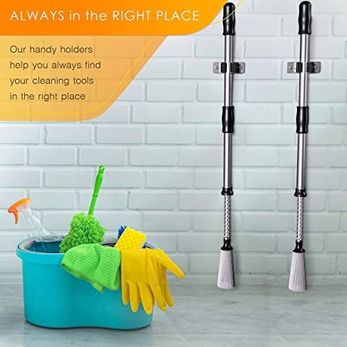 SAYONEYES Screw and Adhesive Broom Holder Wall Mount - Heavy Duty SUS304 Stainless Steel Single Broom and Mop holder for Laundry Room, Garden, Garage – 2 Pack (Black)