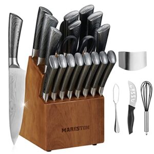 knife set with block for kitchen, mareston 24 pcs high-carbon german stainless steel kitchen knives set with block, professional chef knife set with 8 steak knives, sharpener, carving fork & shears