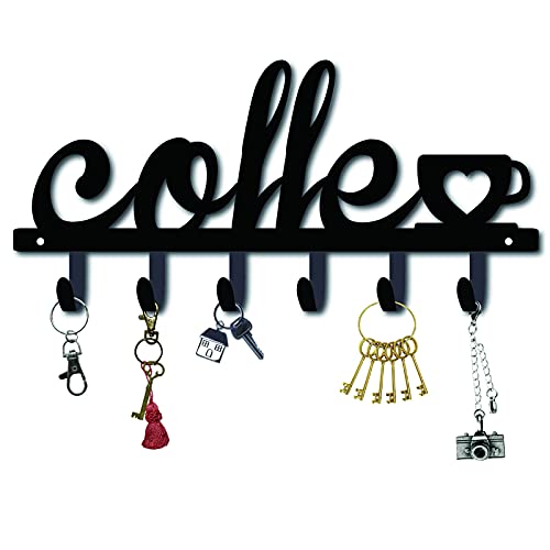 CREATCABIN Hook Hanger Wall Key Holder Metal Decorative Mounted Coat Hanger with Word of Coffee Design Organizer Rack with 6 Hooks for Wall, Bathroom, Kitchen, Entryway