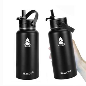 syacot 32 oz 40 oz 64 oz stainless steel water bottle, insulated double wall vacuum leak proof water flask, metal thermo canteen mug —wide mouth with 2 straw lids (32 oz, magic black)