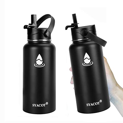 SYACOT 32 oz 40 oz 64 oz Stainless Steel Water Bottle, Insulated Double Wall Vacuum Leak Proof Water Flask, Metal Thermo Canteen Mug —Wide Mouth with 2 Straw Lids (32 oz, Magic Black)