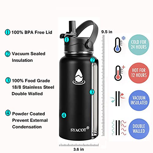 SYACOT 32 oz 40 oz 64 oz Stainless Steel Water Bottle, Insulated Double Wall Vacuum Leak Proof Water Flask, Metal Thermo Canteen Mug —Wide Mouth with 2 Straw Lids (32 oz, Magic Black)