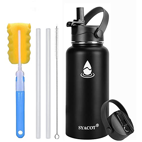 SYACOT 32 oz 40 oz 64 oz Stainless Steel Water Bottle, Insulated Double Wall Vacuum Leak Proof Water Flask, Metal Thermo Canteen Mug —Wide Mouth with 2 Straw Lids (32 oz, Magic Black)