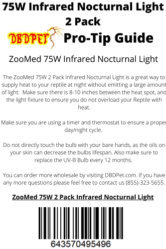 Nocturnal Infrared 75w Reptile Basking Bulb (2 Pack) - Includes Attached DBDPet Pro-Tip Guide - Good for Night Time Heating or Basking