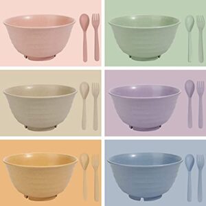 SGAOFIEE Unbreakable Cereal Bowls - 30 OZ Wheat Straw Fiber Lightweight Bowl Sets of 6 - with 6 Spoons & 6 Forks - for Rice Noodle Soup Breakfast Bowls - Dishwasher & Microwave Safe