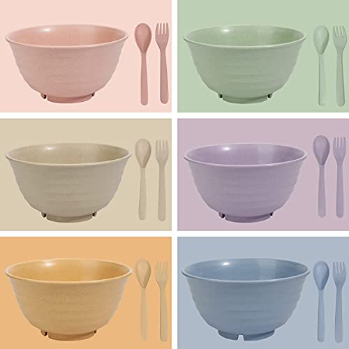 SGAOFIEE Unbreakable Cereal Bowls - 30 OZ Wheat Straw Fiber Lightweight Bowl Sets of 6 - with 6 Spoons & 6 Forks - for Rice Noodle Soup Breakfast Bowls - Dishwasher & Microwave Safe