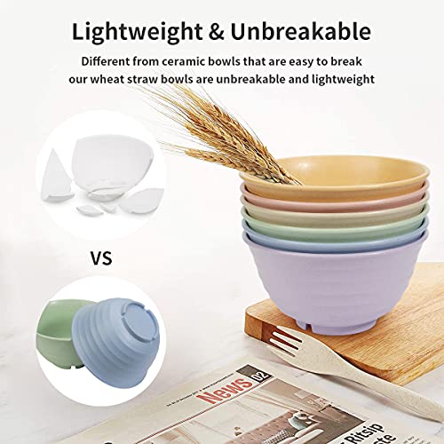 SGAOFIEE Unbreakable Cereal Bowls - 30 OZ Wheat Straw Fiber Lightweight Bowl Sets of 6 - with 6 Spoons & 6 Forks - for Rice Noodle Soup Breakfast Bowls - Dishwasher & Microwave Safe