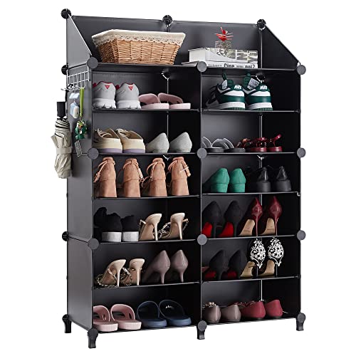 Puroma Stackable Shoe Storage Organizer Cabinet, 12-Cube Plastic Shoe Storage Rack Durable Modular Shoe Cabinet with Wooden Mallet DIY for Home, Office, Bedroom（Black