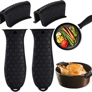 Silicone Hot Handle Holders Cover 4 Pack Cast Iron Skillet Handle Cover Pot Handle Holder Sleeve Non-Slip Heat Resistant Removable Potholder for Metal ​Frying Pans Aluminum Cookware Handles (Black)