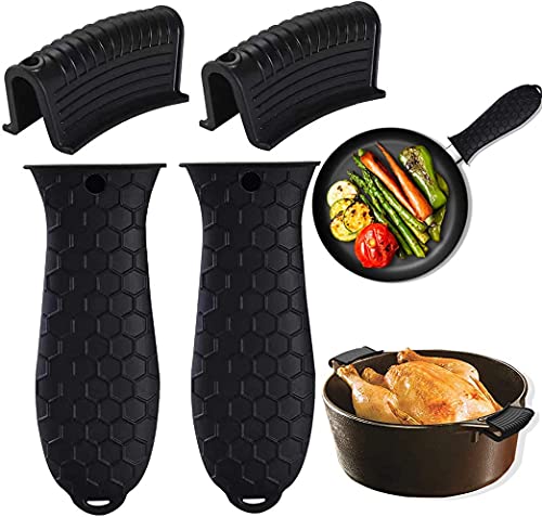 Silicone Hot Handle Holders Cover 4 Pack Cast Iron Skillet Handle Cover Pot Handle Holder Sleeve Non-Slip Heat Resistant Removable Potholder for Metal ​Frying Pans Aluminum Cookware Handles (Black)