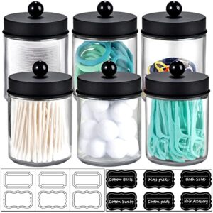 6 pack apothecary jars bathroom vanity organizer- rustic farmhouse decor storage canister with stainless steel lids- qtip dispenser holder for q-tips,cotton swabs,rounds,ball,flossers (black)