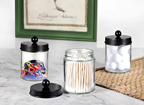 6 Pack Apothecary Jars Bathroom Vanity Organizer- Rustic Farmhouse Decor Storage Canister with Stainless Steel Lids- Qtip Dispenser Holder for Q-Tips,Cotton Swabs,Rounds,Ball,Flossers (Black)