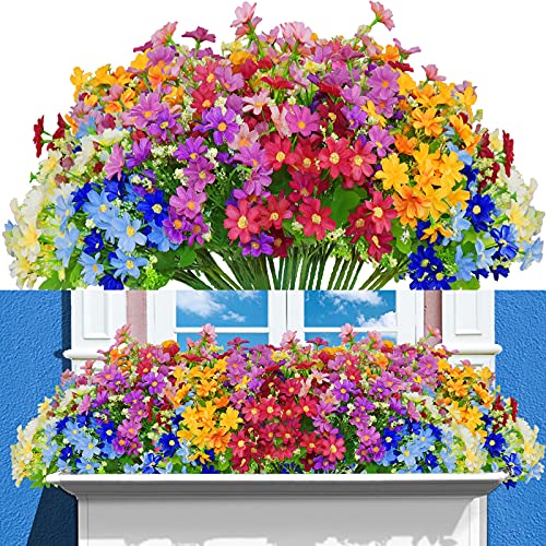 12 Bundles Artificial Fake Flowers for Outdoor Decoration,UV Resistant Faux Plastic Fabric Greenery Shrubs Plants Fake Flowers Hanging Planter Kitchen Home Wedding Office Garden Decor