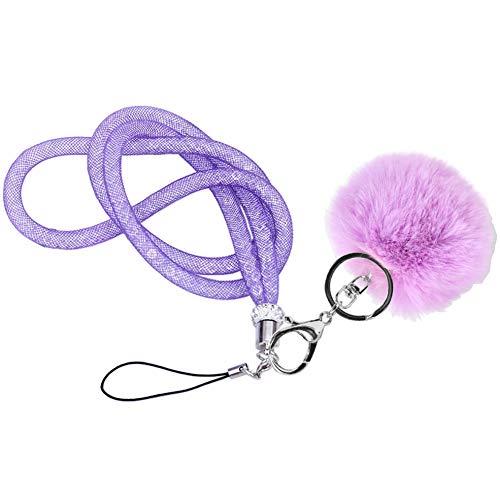 Lanyard with Pompom and Fishnet Tube Filled with Sparkly Rhinestones,Bling Strap for Phone,Camera,ID Badge and USB Key,Long-Purple