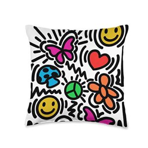 raverella trippy happy face hippie indie aesthetic psychedelic 90s y2k throw pillow, 16x16, multicolor