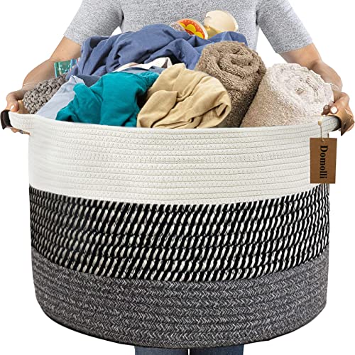 Domolli Blanket Basket, Cotton Rope Basket with Leather Handles XXXL Extra Large Laundry Basket 22" x 22" x 14" Baby Hamper Nursery Bins Woven Basket for Blankets Pillows Clothes Stuffed Toys Storage