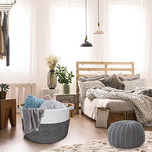 Domolli Blanket Basket, Cotton Rope Basket with Leather Handles XXXL Extra Large Laundry Basket 22" x 22" x 14" Baby Hamper Nursery Bins Woven Basket for Blankets Pillows Clothes Stuffed Toys Storage