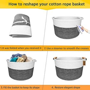 Domolli Blanket Basket, Cotton Rope Basket with Leather Handles XXXL Extra Large Laundry Basket 22" x 22" x 14" Baby Hamper Nursery Bins Woven Basket for Blankets Pillows Clothes Stuffed Toys Storage