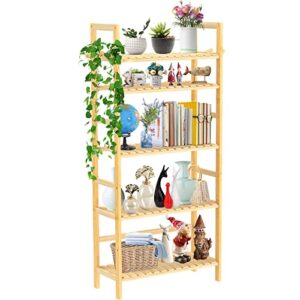 kozart bamboo bookshelf 5 tier adjustable bookcase 51.18” tall waterproof bathroom shelves book shelf with diagonal hooks plant stands standing shelf for living room bedroom kitchen office (natural)