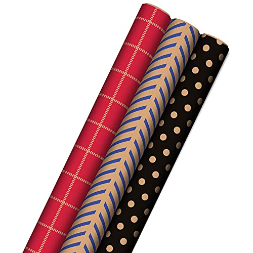 Hallmark Recyclable Wrapping Paper with Cutlines on Reverse (3 Rolls: 60 sq. ft. ttl) Red Grid, Blue Chevron, Black Dots on Kraft Brown for Birthdays, Graduations, Christmas, 0005EWR6546