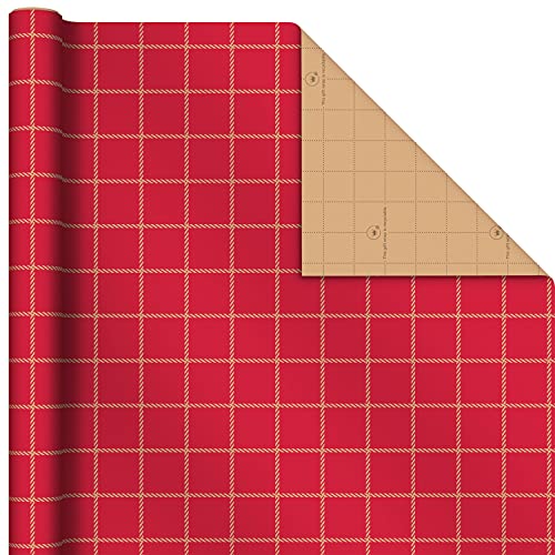 Hallmark Recyclable Wrapping Paper with Cutlines on Reverse (3 Rolls: 60 sq. ft. ttl) Red Grid, Blue Chevron, Black Dots on Kraft Brown for Birthdays, Graduations, Christmas, 0005EWR6546